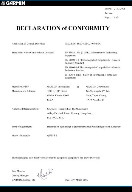 Garmin Quest 2 - Declaration of Conformity