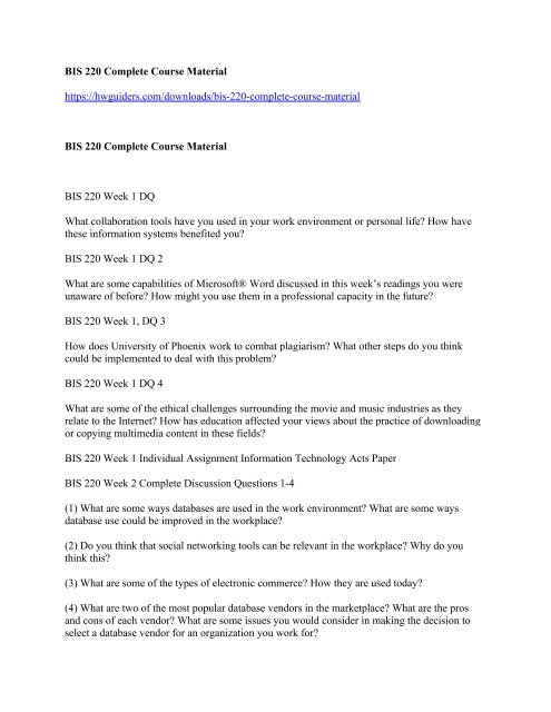 BIS 220 Complete Course Material