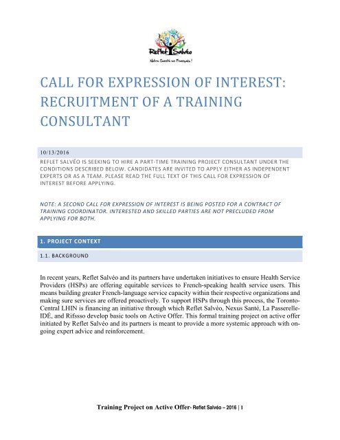 CALL FOR EXPRESSION OF INTEREST RECRUITMENT OF A TRAINING CONSULTANT ...