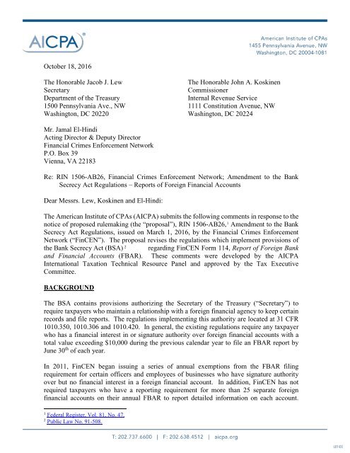 AICPA-Comment-Letter-on-FinCEN-FBAR-proposals-RIN-1506-AB26-10-18-16