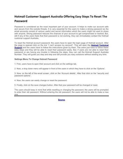 Hotmail Customer Support Australia Offering Easy Steps To Reset The ...