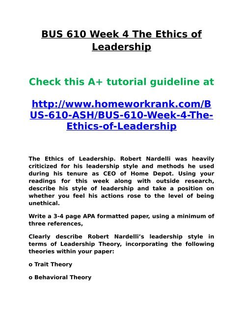 BUS 610 Week 4 The Ethics of Leadership