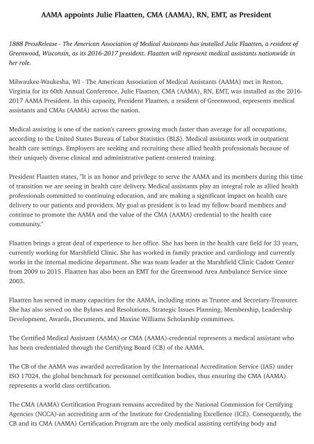 AAMA appoints Julie Flaatten, CMA (AAMA), RN, EMT, as President