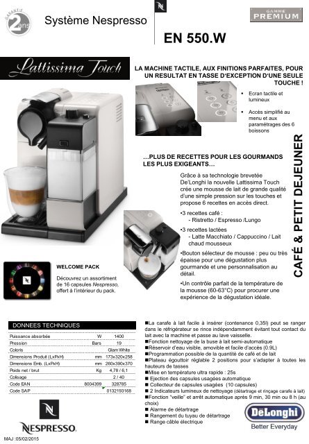 Delonghi Nespresso Delonghi Latissima Touch EN550W - fiche produit
