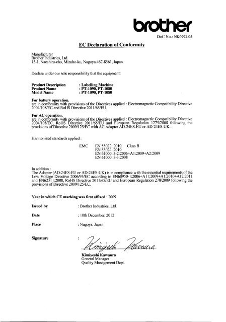 Brother PT-1090 - Déclaration de conformité
