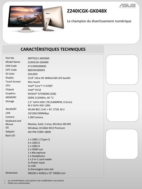 Asus Ordinateur tout-en-un Asus ZenAio 24 4k Gold GK048X - fiche produit