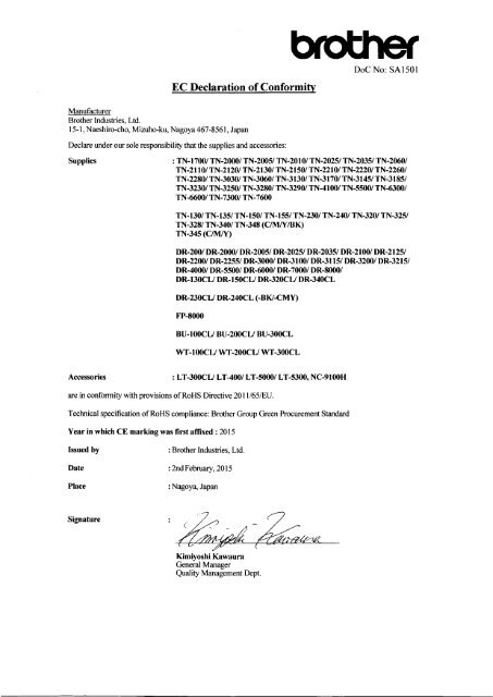 Brother HL-6050 - Déclaration de conformité pour les fournitures