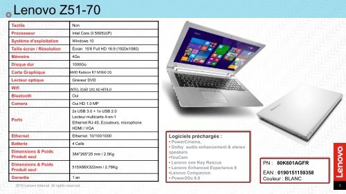Lenovo Ordinateur portable Lenovo Z51-70 Blanc - fiche produit