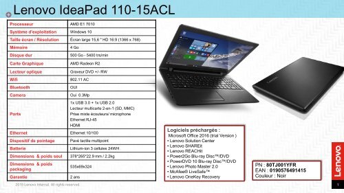 Lenovo Ordinateur portable Lenovo Ideapad 110-15ACL-1YFR - fiche produit