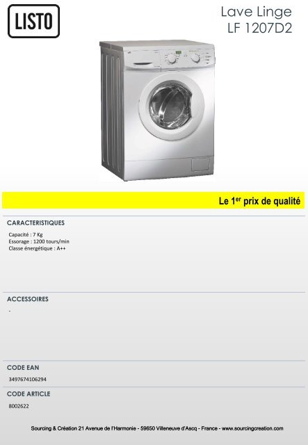 Listo Lave linge hublot Listo LF 1207D2 - fiche produit