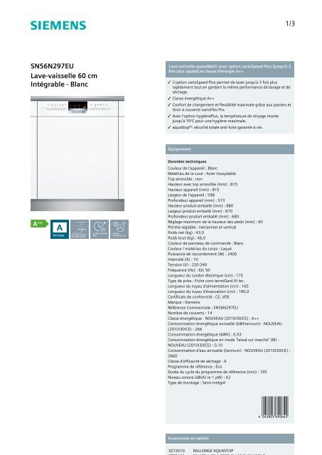 Fiche Technique Lave Vaisselle Siemens Aquasensor