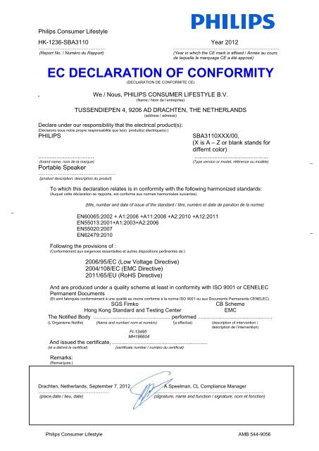 Philips SoundShooter Portable speaker - Declaration of Conformity - AEN