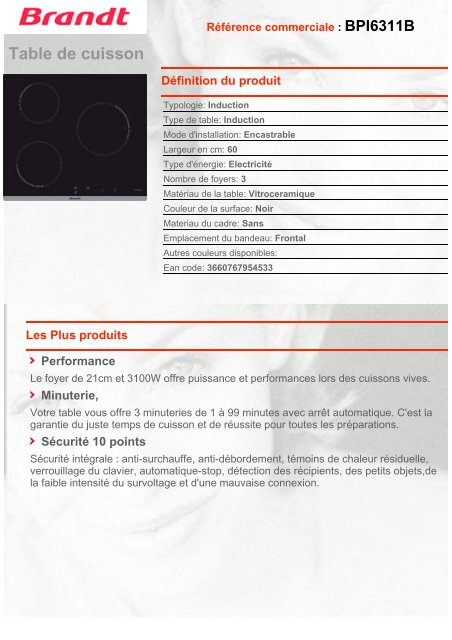 Brandt Table induction Brandt BPI6311B - fiche produit