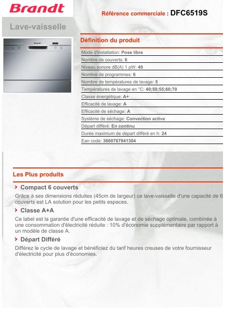 Fiche Technique Lave Vaisselle Brandt Wattless
