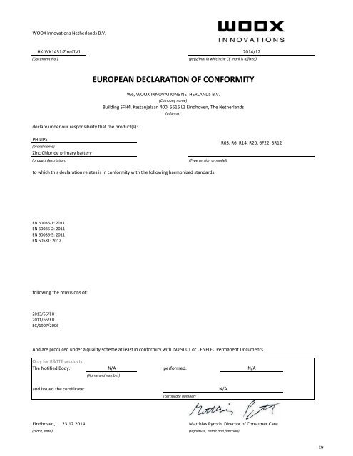 Philips LongLife Battery - Declaration of Conformity - AEN