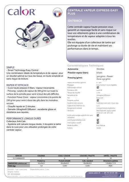 Calor Centrale vapeur Calor GV7556CO EXPRESS EASY CONTROL - fiche produit