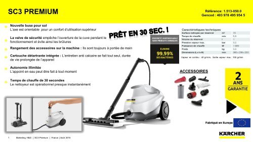 Karcher Nettoyeur vapeur Karcher EX SC 3 Premium - fiche produit
