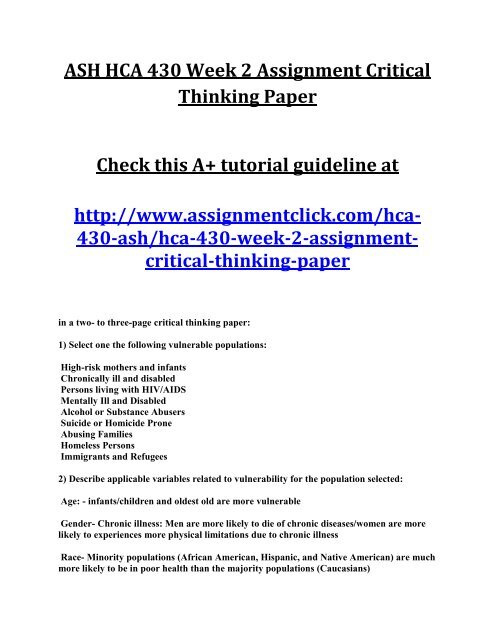 ASH HCA 430 Week 2 Assignment Critical Thinking Paper