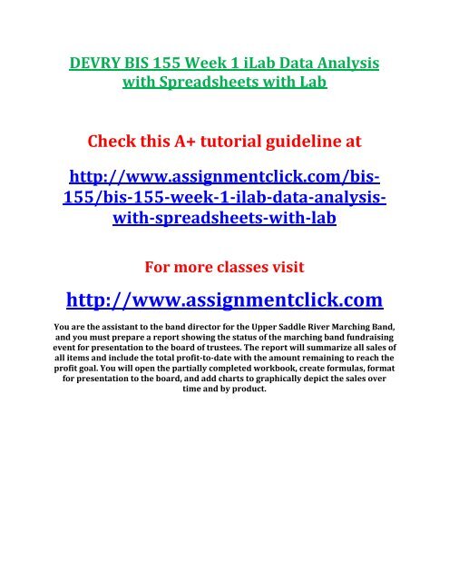 DEVRY BIS 155 Week 1 iLab Data Analysis with Spreadsheets with Lab