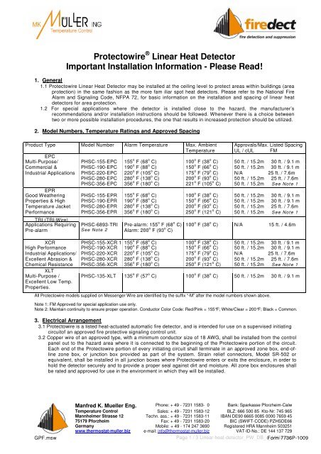Protectowire Linear Heat Detector Important Installation Information ...