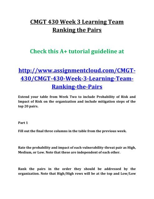 CMGT 430 Week 3 Learning Team Ranking the Pairs