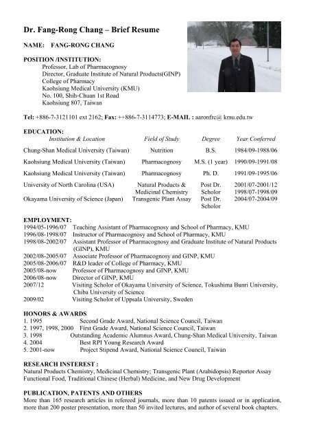 Dr. Fang-Rong Chang – Brief Resume