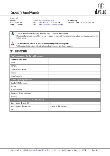 Checklist for Support-Requests - d.velop AG