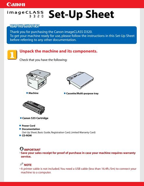 Canon imageCLASS D320 - imageCLASS D320 Set-Up Sheet