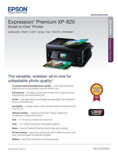Epson Epson Expression Premium XP-820 Small-in-One® All-in-One Printer - Product Specifications