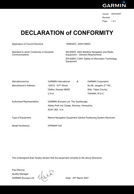 Garmin GPSMAP 450/450s - Declaration of Conformity