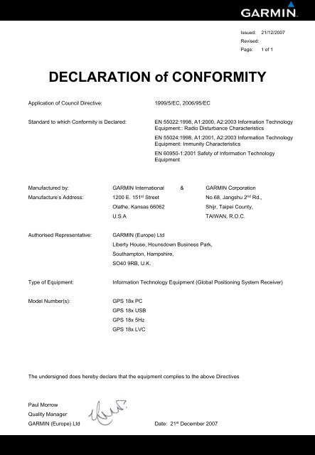 Garmin GPS 18 USB - Declaration of Conformity