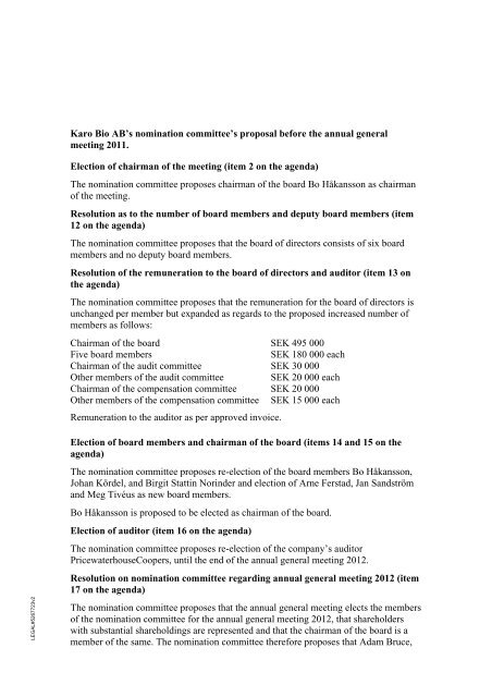 Proposal from the Nominating Committee - Karo Bio