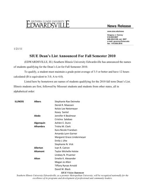 SIUE Dean's List Announced For Fall Semester 2010