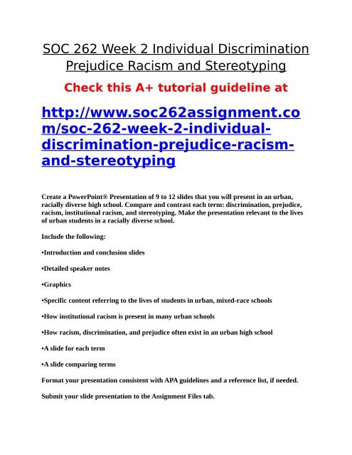 SOC 262 Week 2 Individual Discrimination Prejudice Racism and Stereotyping