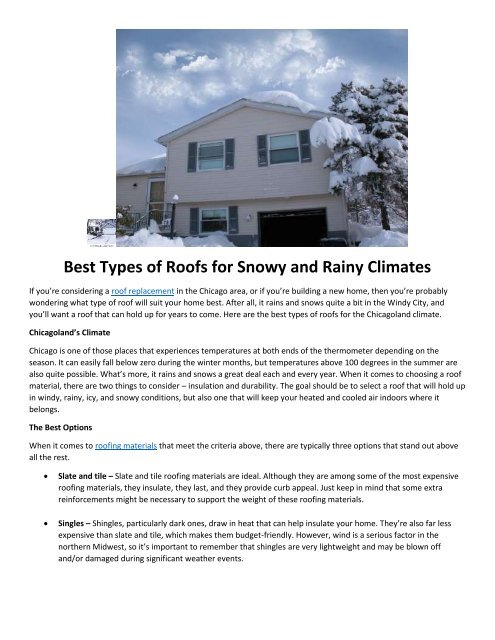 Best Types of Roofs for Snowy and Rainy Climates