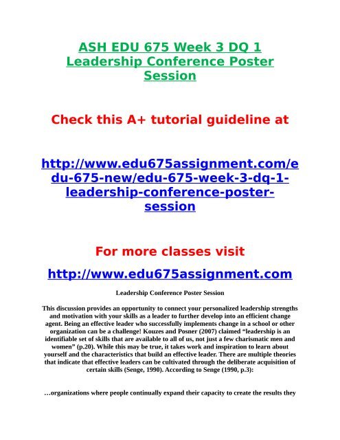 ASH EDU 675 Week 3 DQ 1 Leadership Conference Poster Session