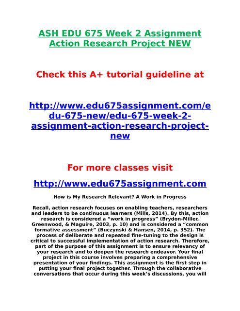 ASH EDU 675 Week 2 Assignment Action Research Project NEW