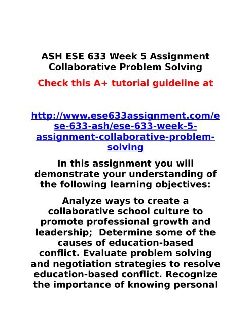 ASH ESE 633 Week 5 Assignment Collaborative Problem Solving