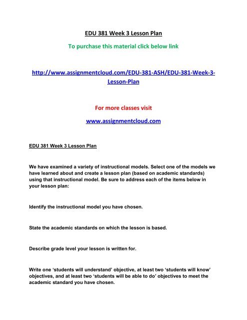 EDU 381 Week 3 Lesson Plan