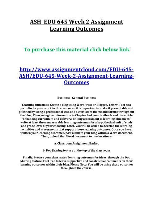 ASH EDU 645 Week 2 Assignment Learning Outcomes