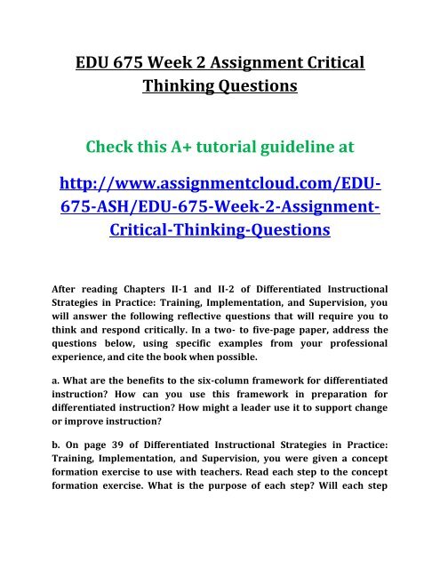 EDU 675 Week 2 Assignment Critical Thinking Questions