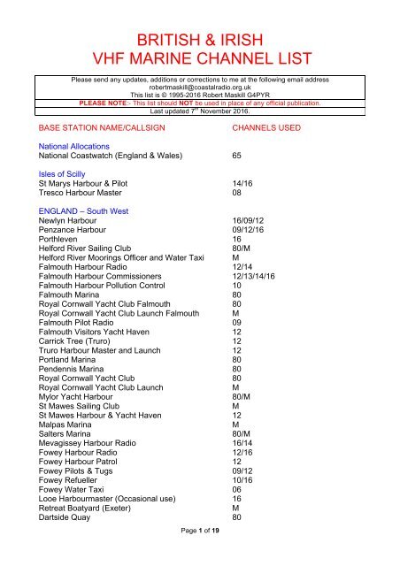 BRITISH & IRISH VHF MARINE CHANNEL LIST