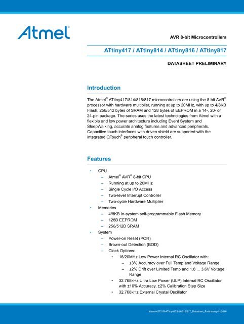 ATtiny417 / ATtiny814 / ATtiny816 / ATtiny817 Introduction Features