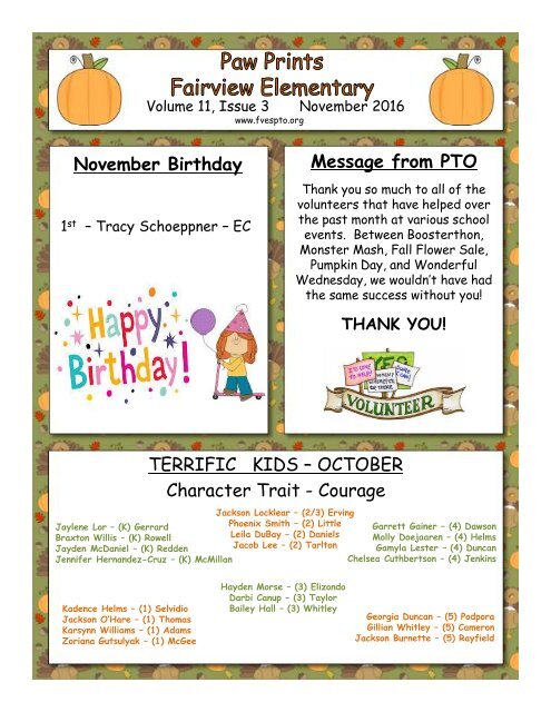 TERRIFIC KIDS – OCTOBER Character Trait - Courage
