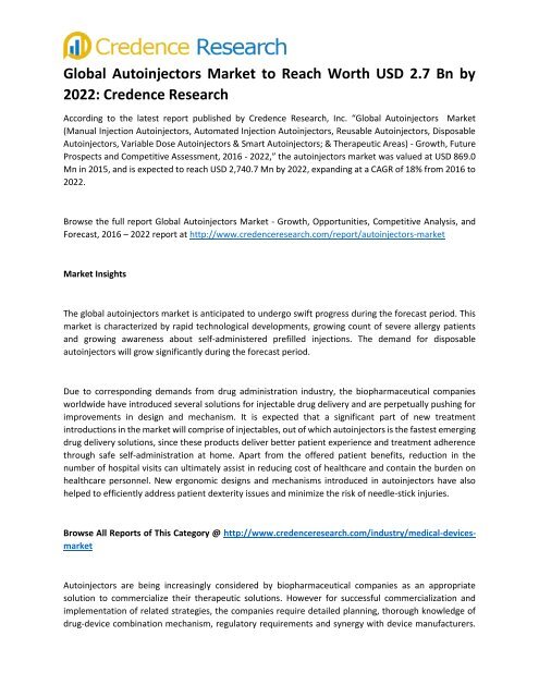 Global Autoinjectors Market to Reach Worth USD 2.7 Bn by 2022: Credence ...