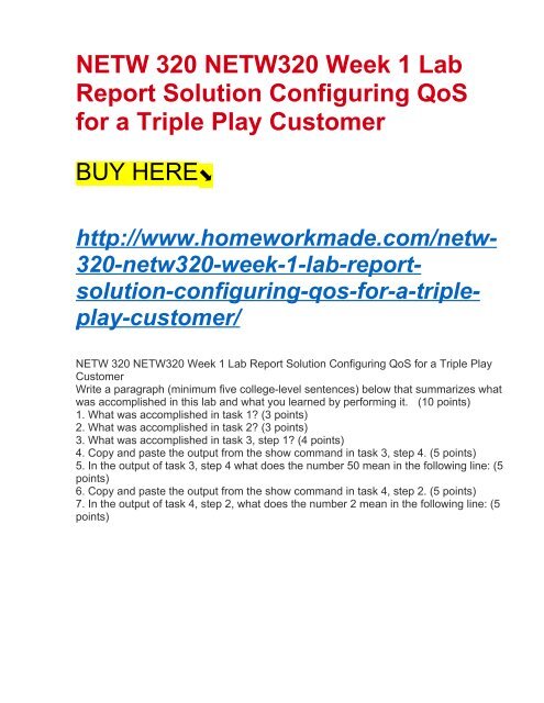 NETW 320 NETW320 Week 1 Lab Report Solution Configuring QoS for a Triple Play Customer