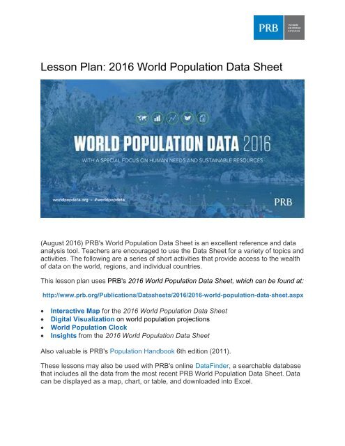 Lesson Plan 2016 World Population Data Sheet