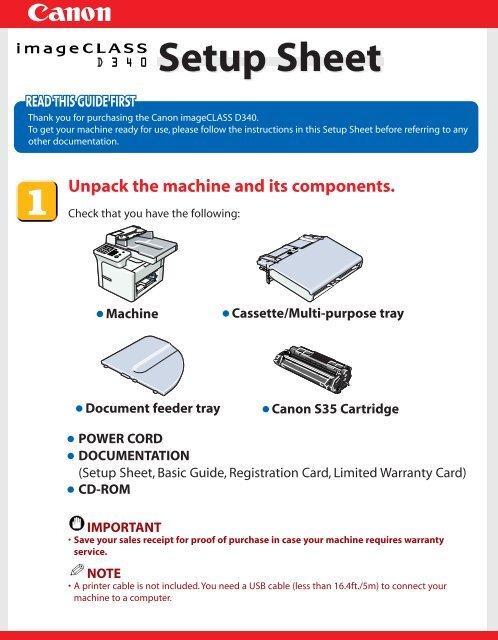 Canon imageCLASS D340 - imageCLASS D340 Set-Up Sheet