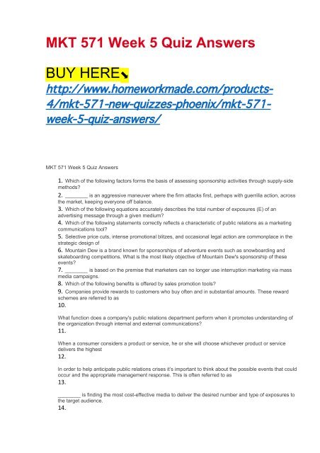 MKT 571 Week 5 Quiz Answers MKT 571 Week 5 Quiz Answers