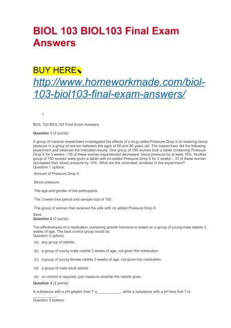 BIOL 103 BIOL103 Final Exam Answers